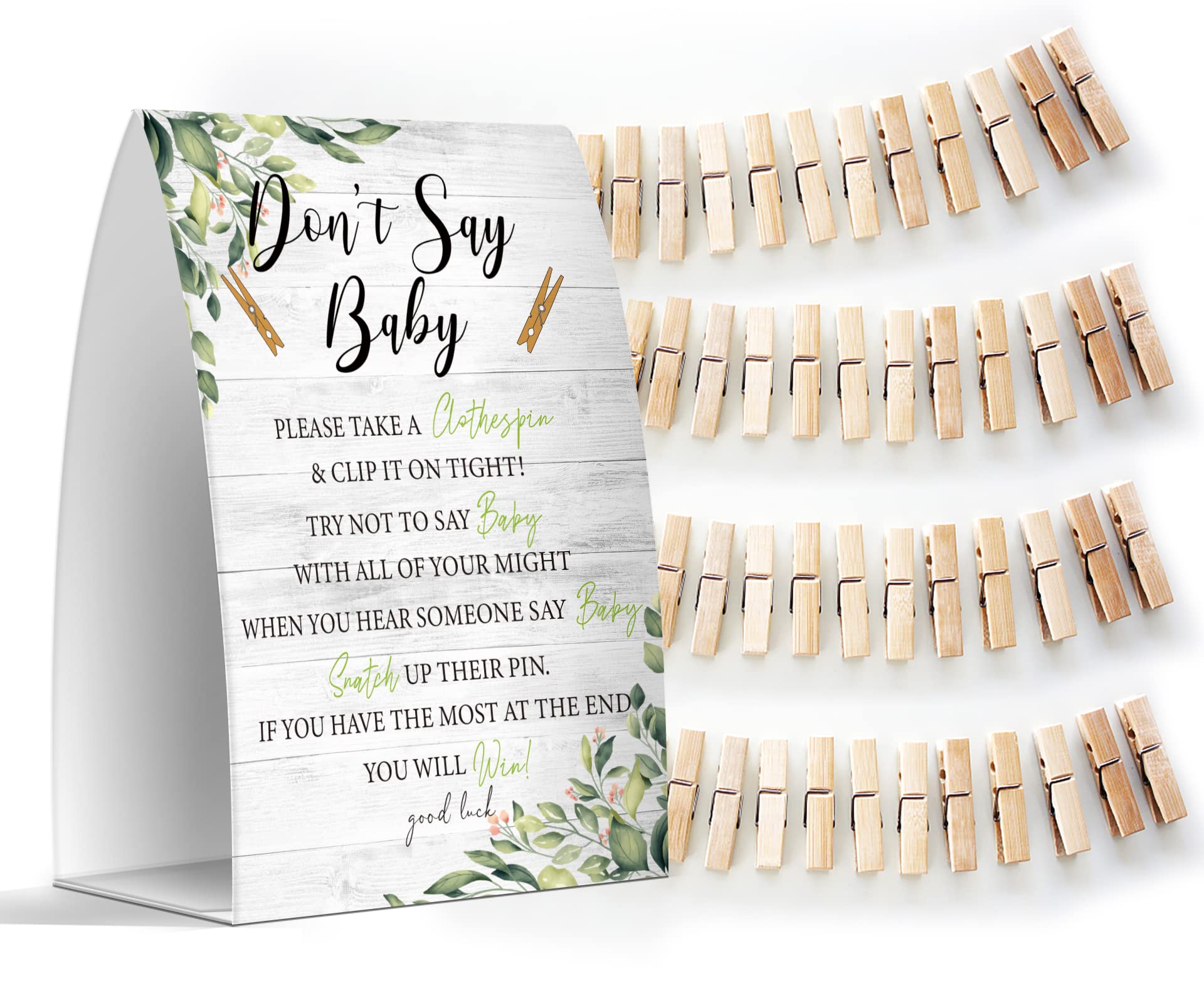 Don't Say Baby Set - One 5x7 Sign and 50 Mini Clothespins, Baby Shower Games, Baby Shower Decoration, Gender Neutral Baby Shower - MsJb034