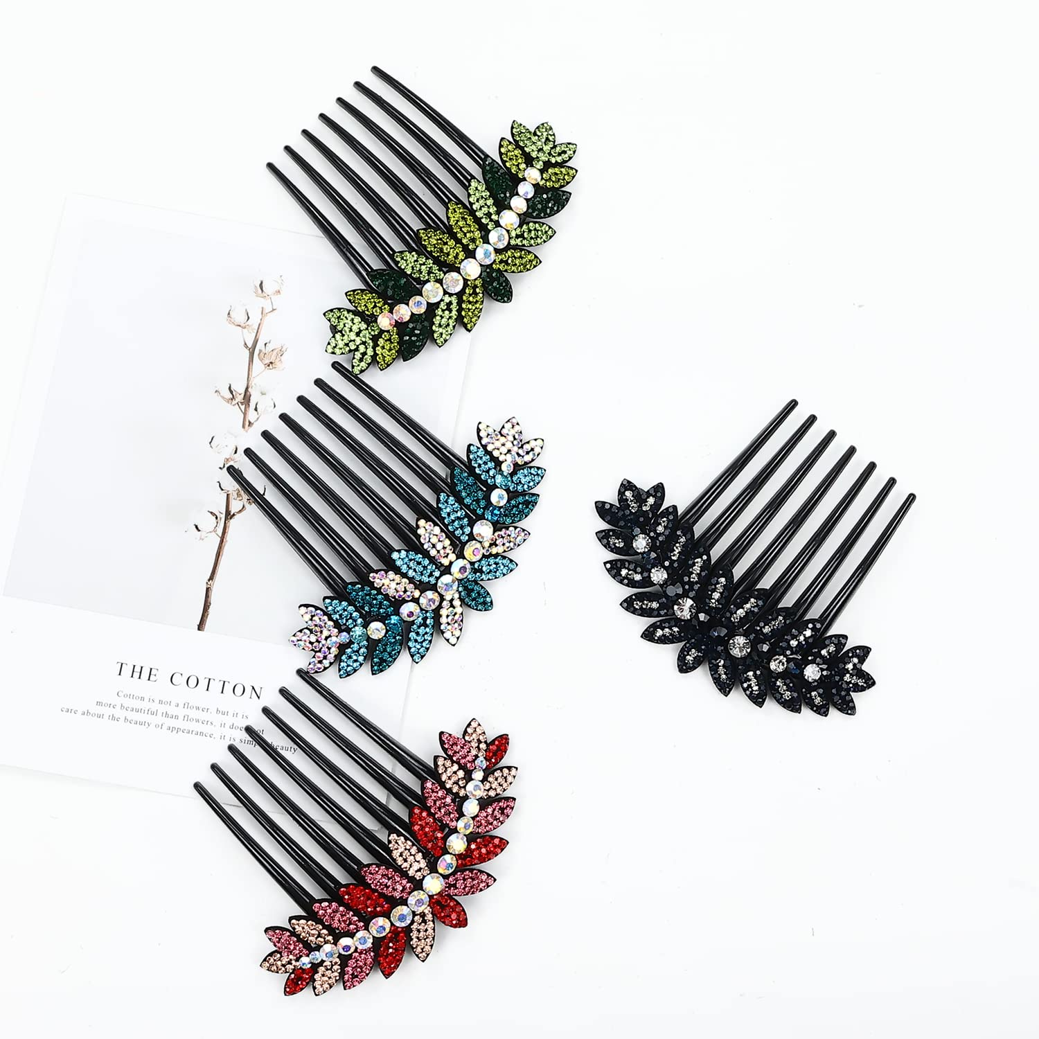 Lawie 4 Pack Luxury Jeweled Gems Crystal Rhinestone Sparkly Glitter Flower Leaf Black Plastic Side French Twist Hair Combs Long Teeth Slide Hairpins Barrettes Bun Chignon Clips Holder for Women Girl