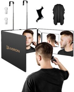 jusron 3 way mirror for hair cutting, 360 mirror with height adjustable hooks for door, bathroom, portable trifold shaving barber mirror for makeup, cut, trim (black without led)