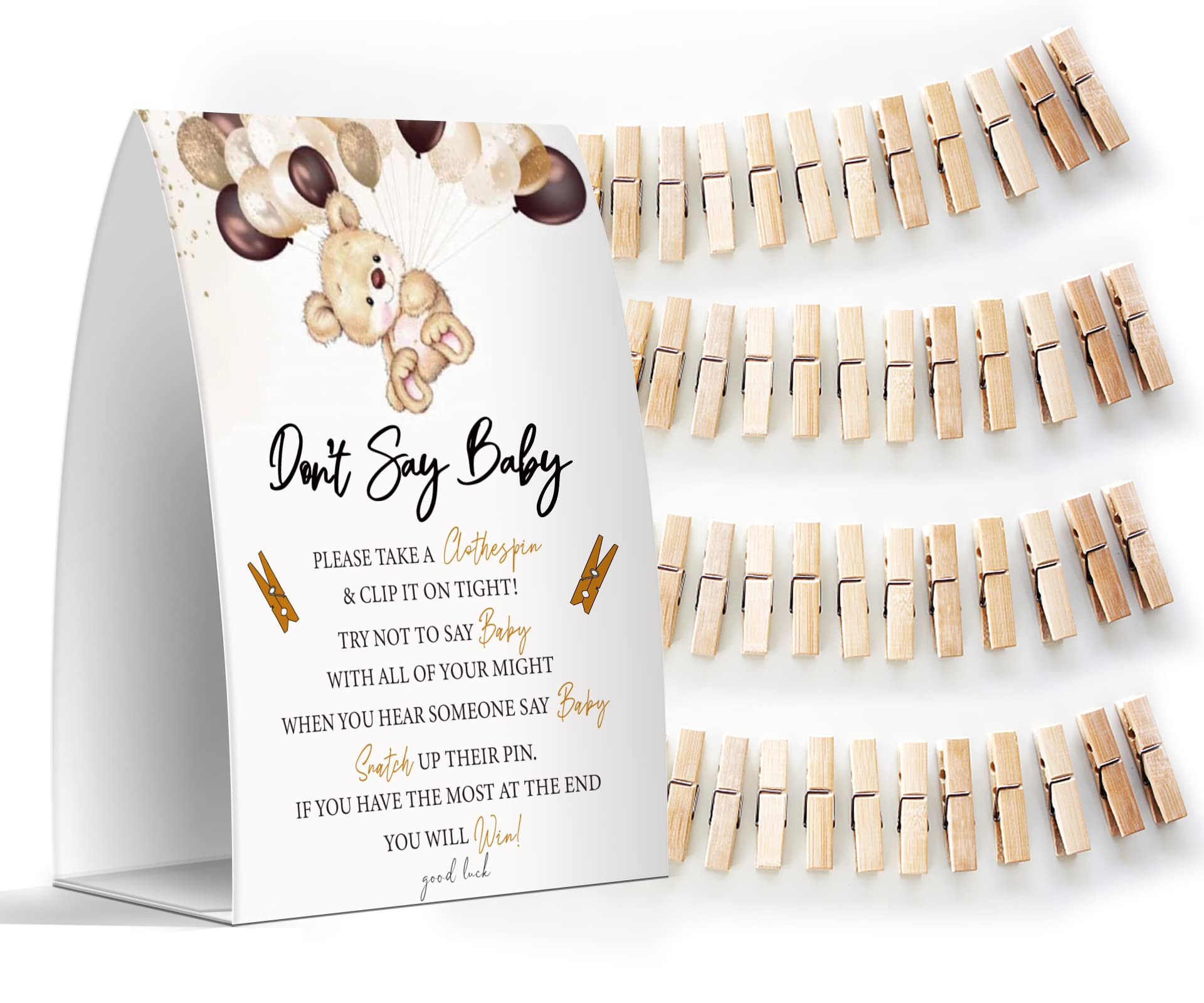 Don't Say Baby Set - One 5x7 Sign and 50 Mini Clothespins, Baby Shower Games, Baby Shower Decoration, Gender Neutral Baby Shower - MsJb041