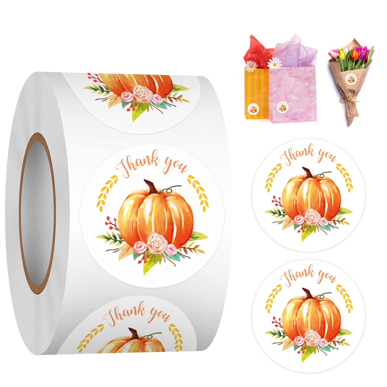 Thank You Pumpkin Label Stickers Roll, 1.5 inch 500 Pcs Cute Fall Fun Stickers for Thanksgiving Day, Round Seal Pumpkin Stickers for Goodie Bags Gift Favors Box Cards Decorations