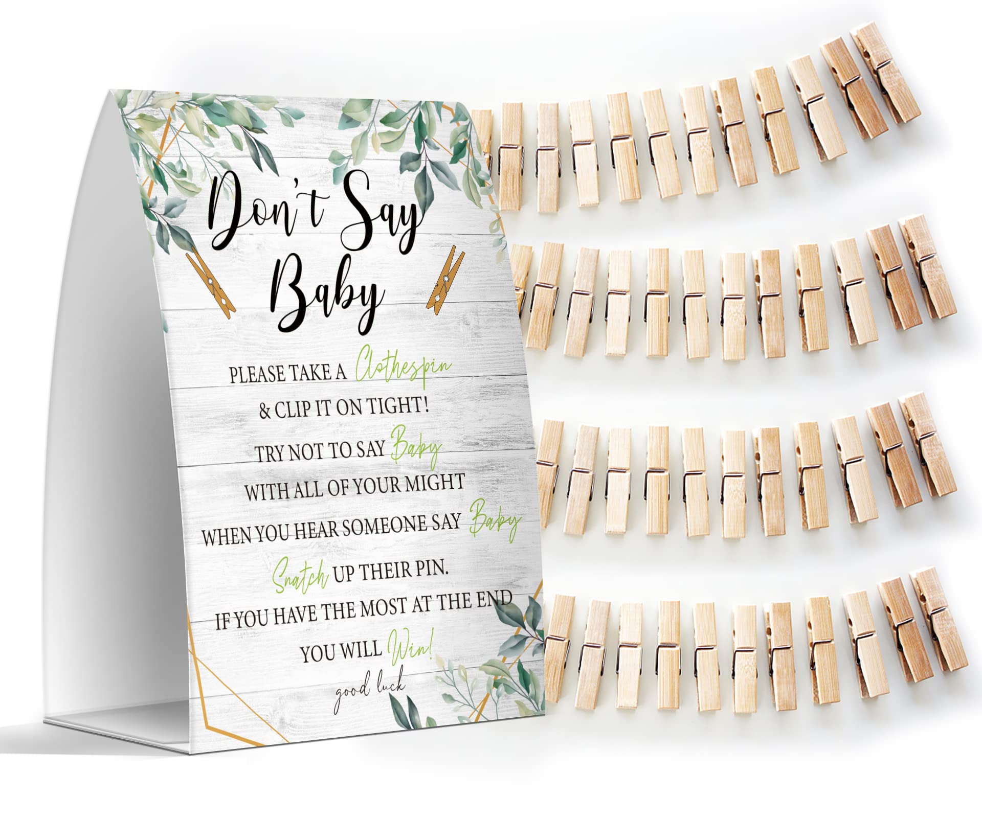 Don't Say Baby Set - One 5x7 Sign and 50 Mini Clothespins, Baby Shower Games, Baby Shower Decoration, Gender Neutral Baby Shower - MsJb036