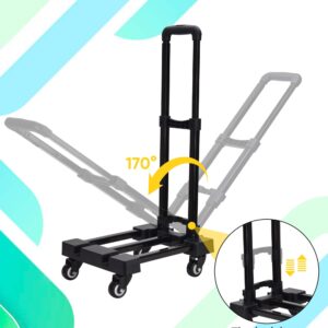 Lougnee Folding Hand Truck, 4 Wheels Fold Up Hand Cart with 2 Elastic Ropes, Portable Foldable 220 lbs Capacity Heavy Duty Luggage Cart, Utility Dolly Platform Cart for Car House Office Moving, Black