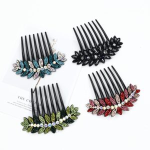 Lawie 4 Pack Luxury Jeweled Gems Crystal Rhinestone Sparkly Glitter Flower Leaf Black Plastic Side French Twist Hair Combs Long Teeth Slide Hairpins Barrettes Bun Chignon Clips Holder for Women Girl