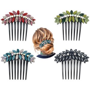 lawie 4 pack luxury jeweled gems crystal rhinestone sparkly glitter flower leaf black plastic side french twist hair combs long teeth slide hairpins barrettes bun chignon clips holder for women girl