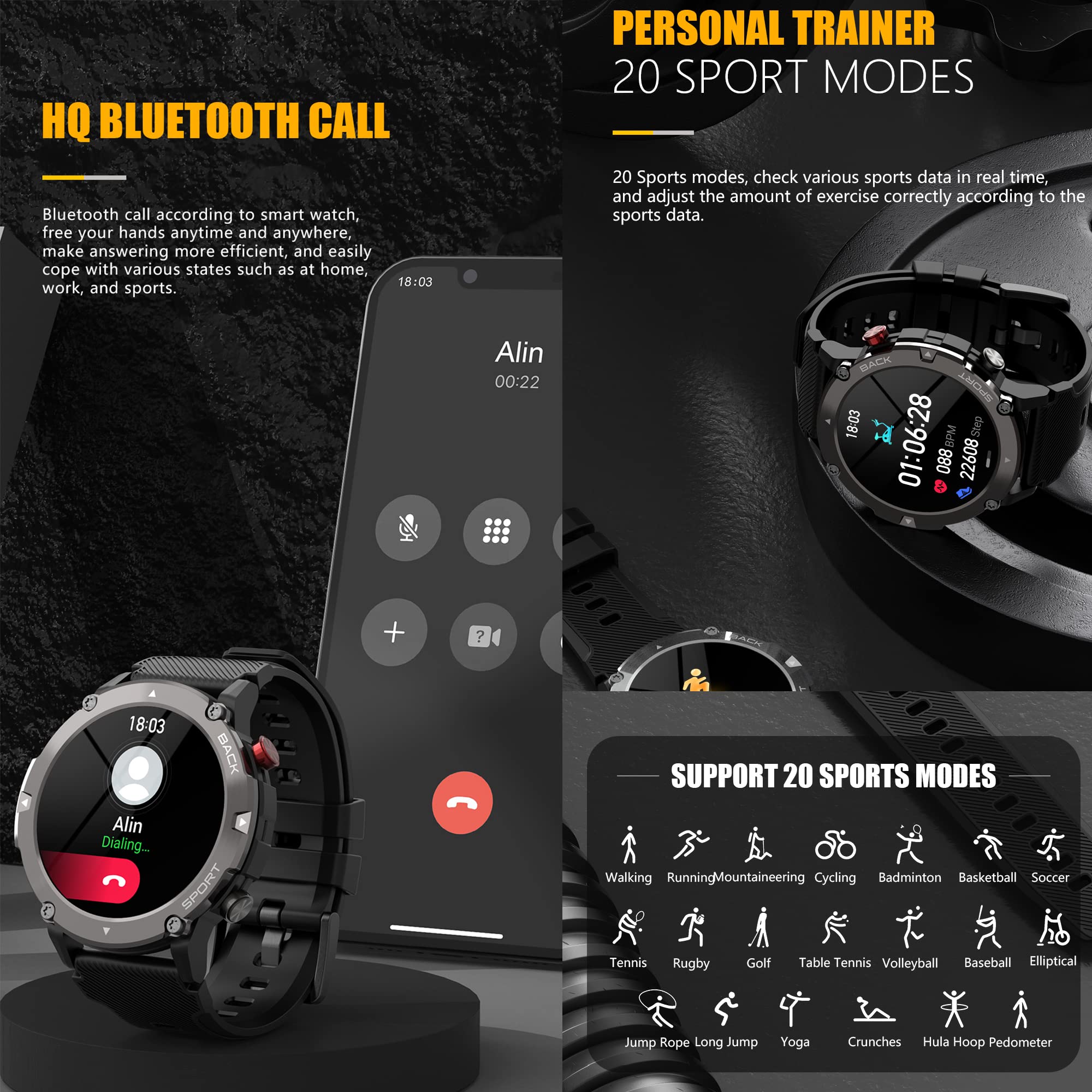 Asaile Military Smart Watch for Men(Call Receive/Dial), Outdoor Waterproof Tactical Smartwatch Bluetooth Dail Calls Speaker 1.32'' HD Touch Screen Fitness Tracker Android Phones and iPhone Compatible