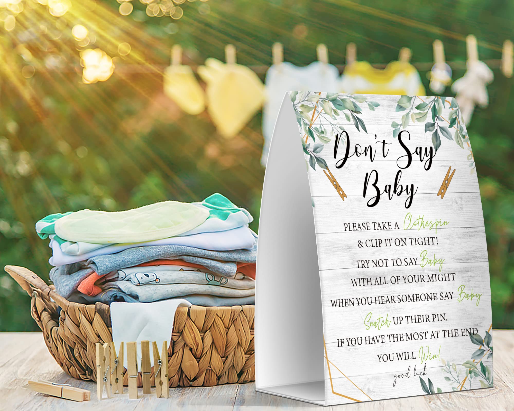 Don't Say Baby Set - One 5x7 Sign and 50 Mini Clothespins, Baby Shower Games, Baby Shower Decoration, Gender Neutral Baby Shower - MsJb036