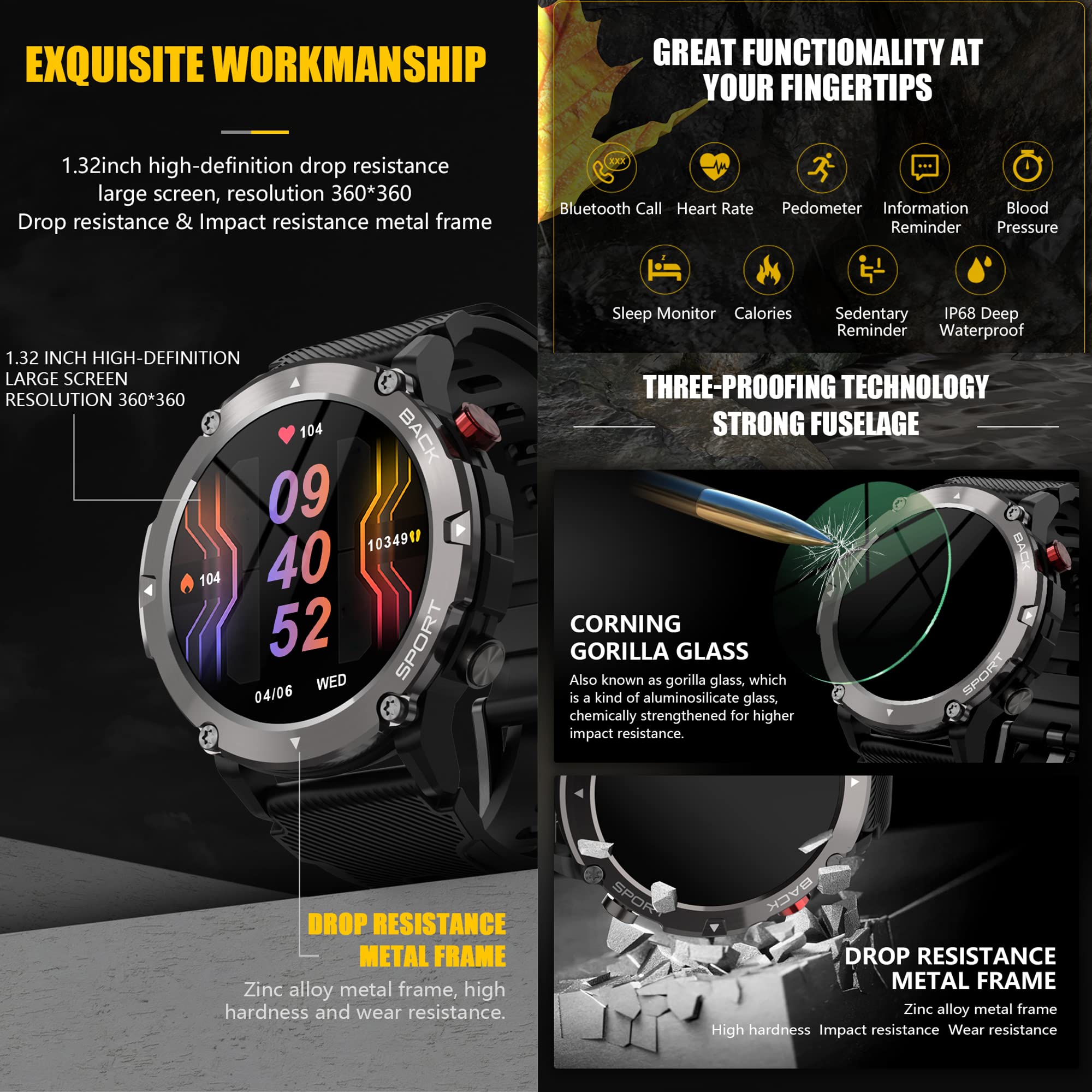 Asaile Military Smart Watch for Men(Call Receive/Dial), Outdoor Waterproof Tactical Smartwatch Bluetooth Dail Calls Speaker 1.32'' HD Touch Screen Fitness Tracker Android Phones and iPhone Compatible