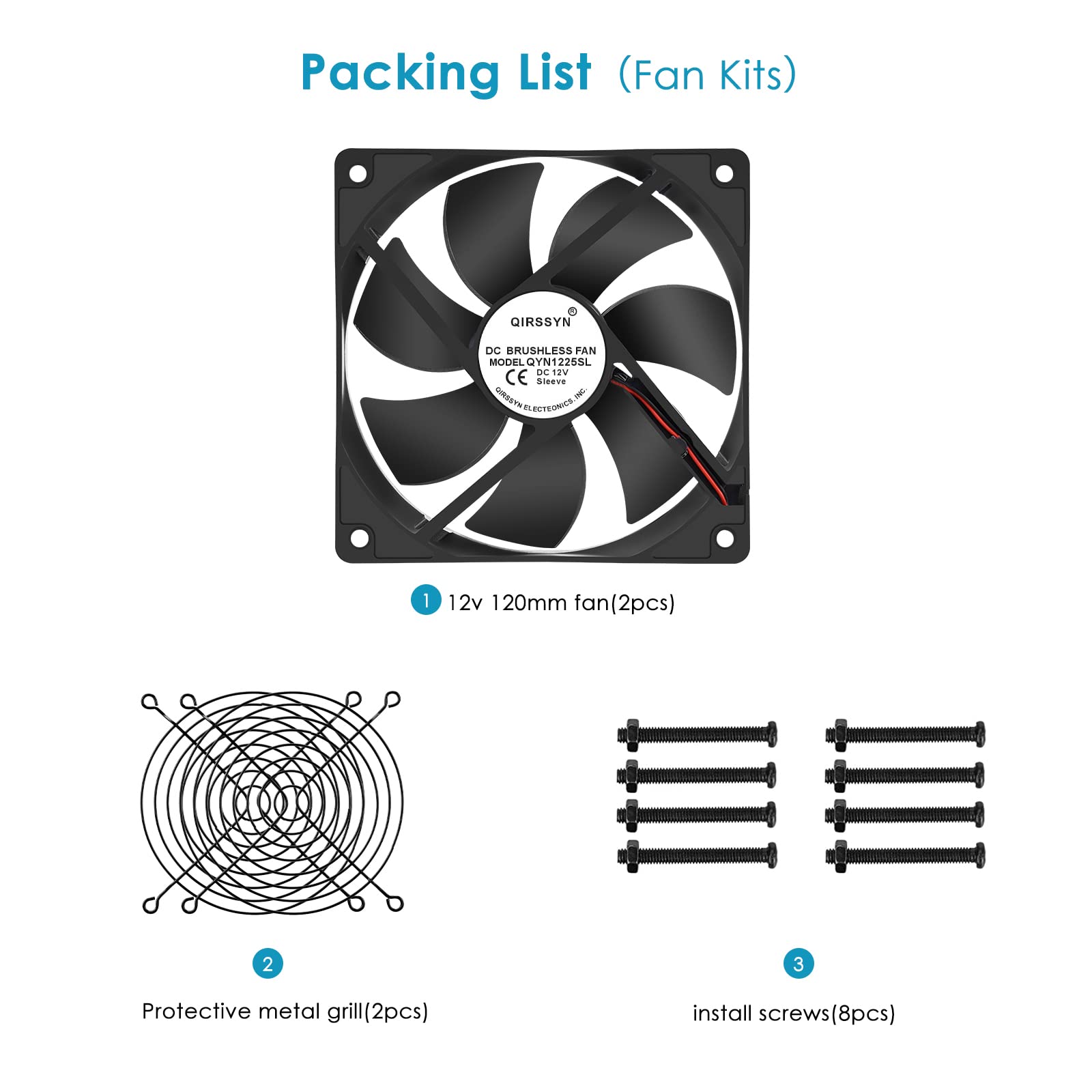 Qirssyn 2-Pack 120mm x 25mm 12 Volt DC Brushless Computer Cooling Fan 2-Pin