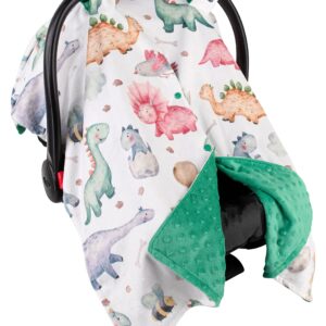 Top Tots Deluxe Minky Baby Car Seat Cover - Baby Dinosaur, 40 x 29 Inch Green