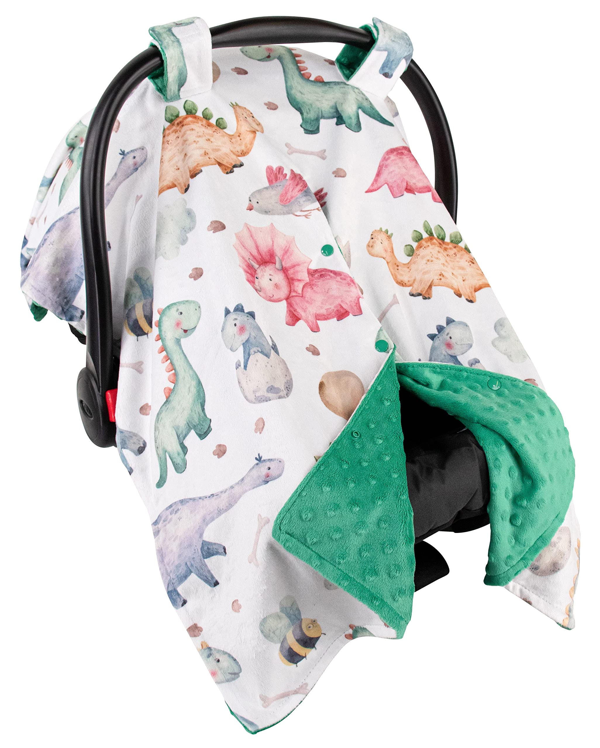 Top Tots Deluxe Minky Baby Car Seat Cover - Baby Dinosaur, 40 x 29 Inch Green