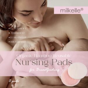 Milkelle Organic Bamboo Reusable Nursing Pads for Breastfeeding, Leak Proof, Pads for Breastfeeding, Washable and Reusable, Ultra Soft, 8 Pads, Large