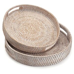 Coffee Table Tray Round Rattan Ottoman Tray Woven Serving Trays with Handles for Home and Kitchen Decorative White (Large 14 inch x 2.8 inch)