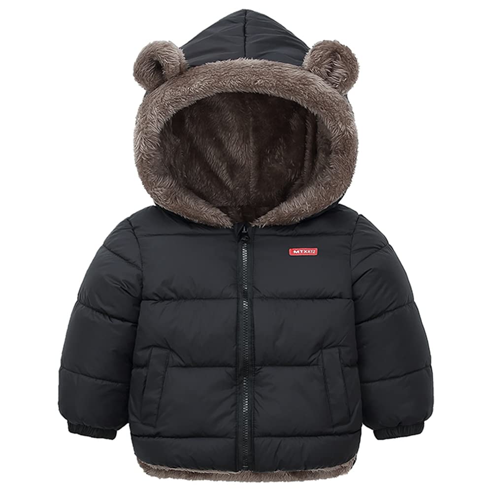 Baby Boys Girls Winter Coat Cute Bear Ear Hooded Jacket Warm Fleece Outerwear Windproof Zipper Infant Toddler Black 12-18M