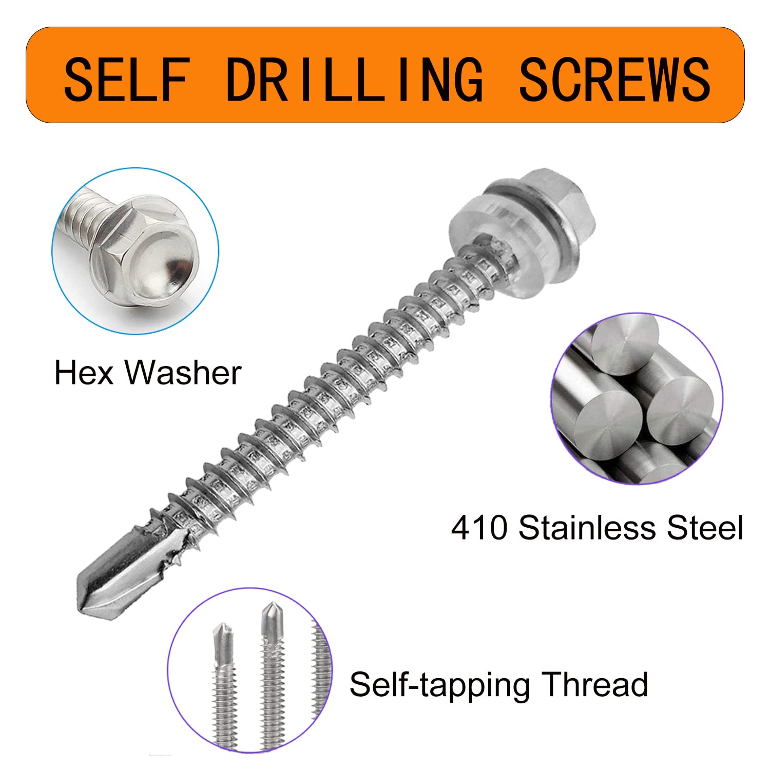 Self Tapping Screws with Rubber Washer,420 PCS Self Drilling Screws for Metal 410 Stainless Steel Sheet Metal Screws #8#10#12-1/2" to 2" Available, Wafer Head TEK Head Screws for Building and Repair