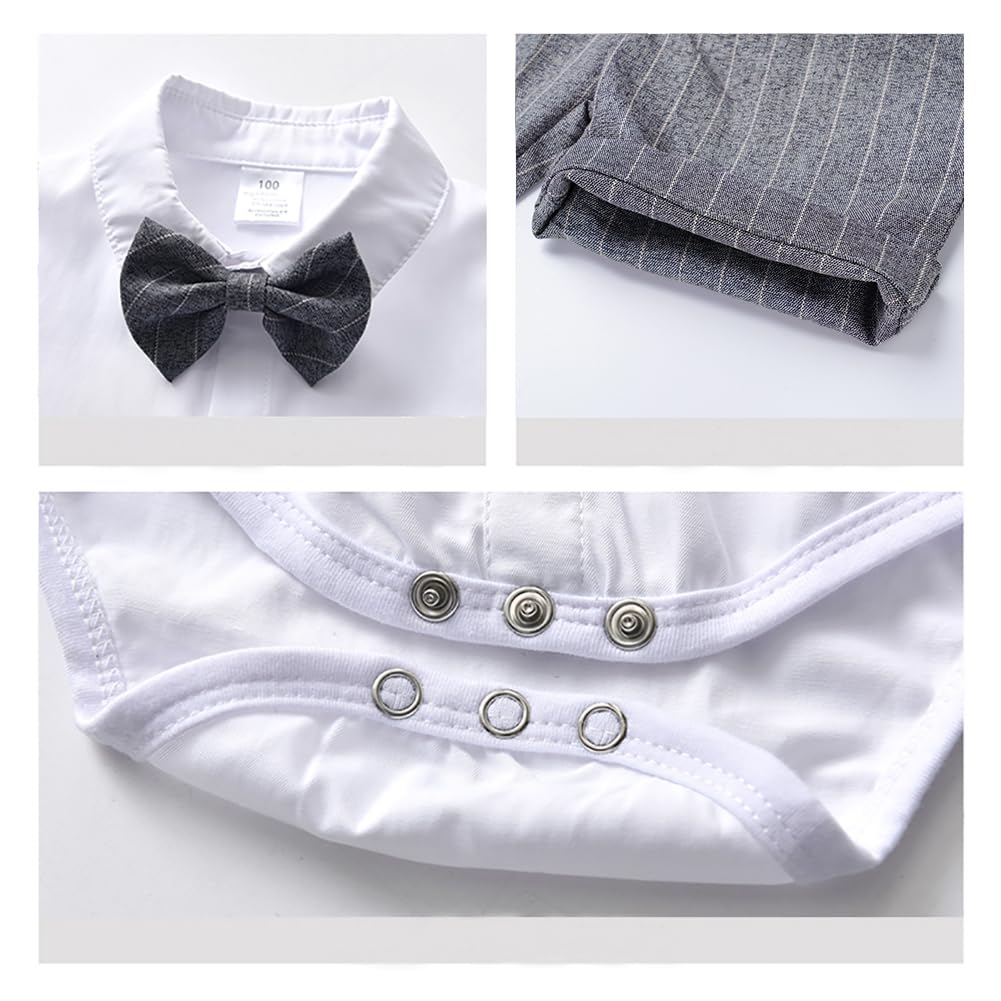 IDOPIP Baptism Outfits for Boys Baby Clothes Gentleman Formal Suit Set Bowtie Romper + Suspenders Shorts Pants 4PCS First Birthday Party Wedding Tuxedo Outfits for Cake Smash White + Gray 9-12 Months