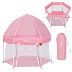 infans baby playpen with removable mesh & uv canopy, 53" portable playhouse with carry bag, dome, padded floor, easy folding playard activity center (light pink)