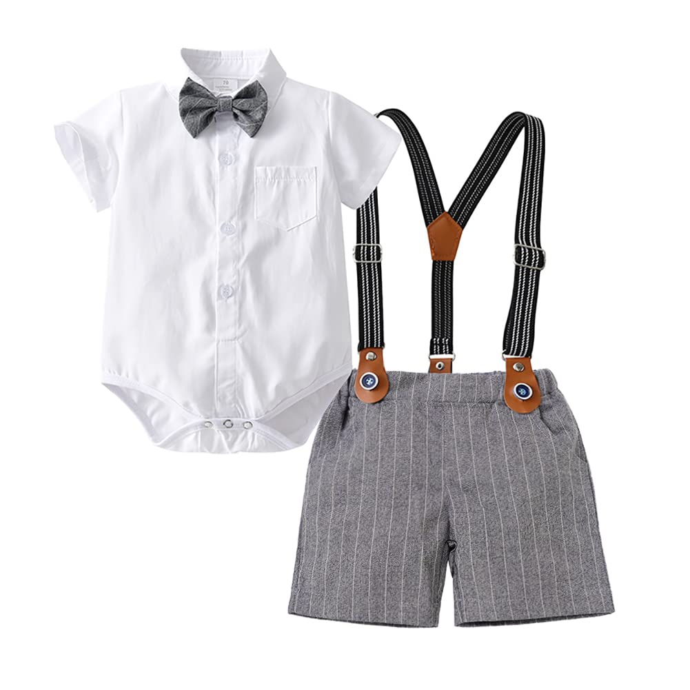 IDOPIP Baptism Outfits for Boys Baby Clothes Gentleman Formal Suit Set Bowtie Romper + Suspenders Shorts Pants 4PCS First Birthday Party Wedding Tuxedo Outfits for Cake Smash White + Gray 9-12 Months