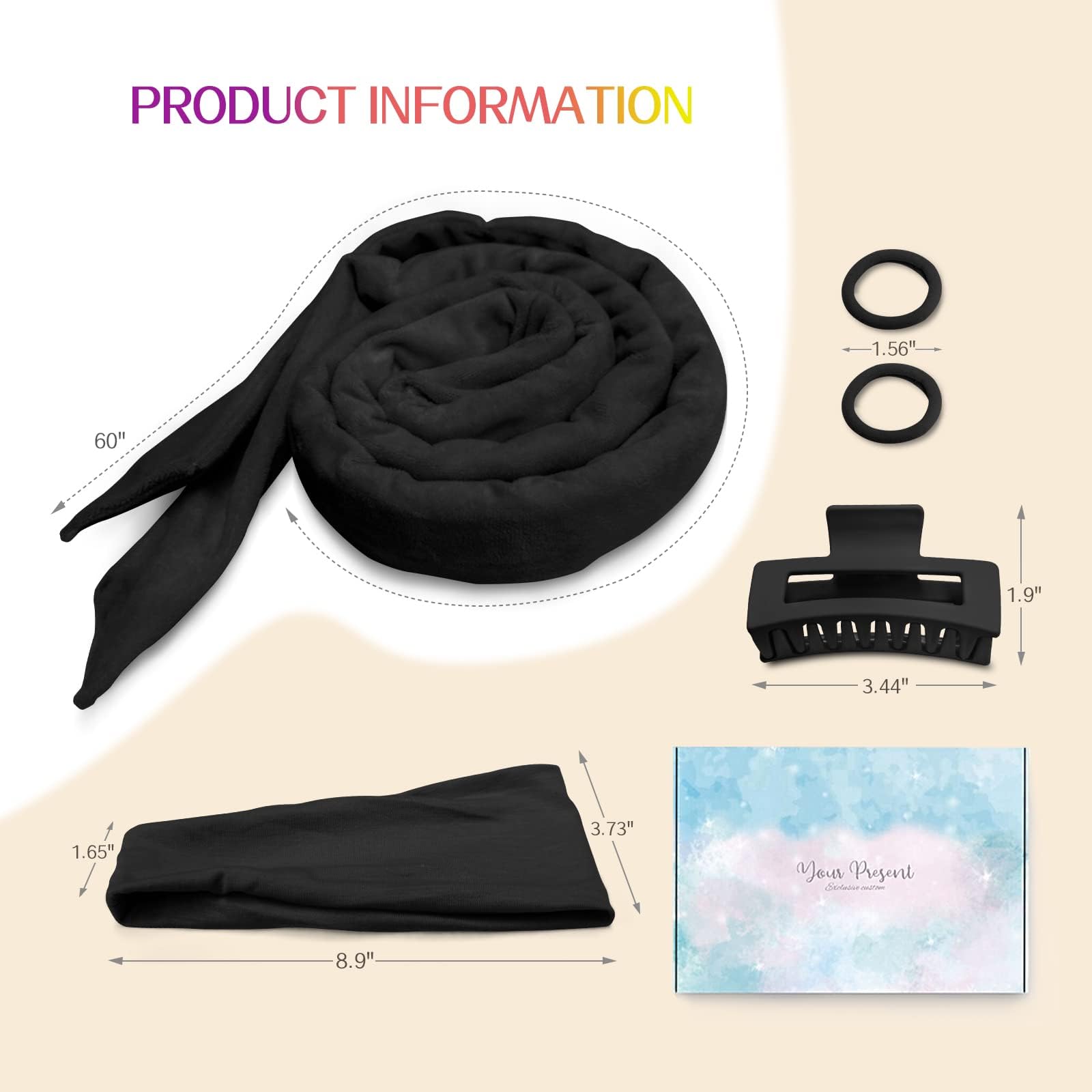 Heatless Extra Long 61" Velour Curling Ribbon Kit for Women - No Heat Cotton Overnight Curls Headband Soft Curling Rod You Can Sleep In (Black)