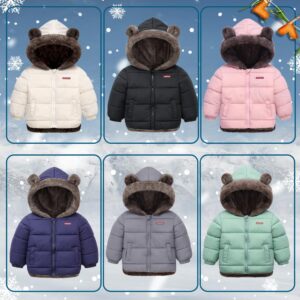 Baby Boys Girls Winter Coat Cute Bear Ear Hooded Jacket Warm Fleece Outerwear Windproof Zipper Infant Toddler Black 12-18M