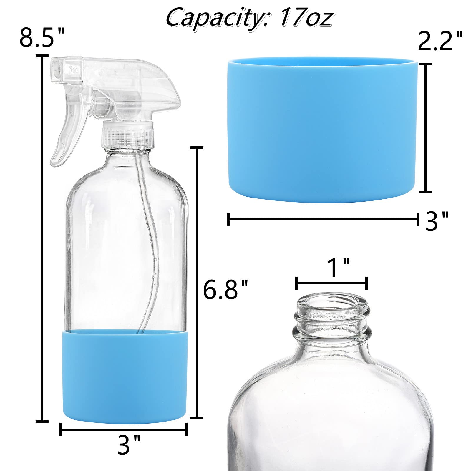 ZOOFOX 4 Pack Empty Clear Glass Spray Bottles, 16 oz Spray Bottle Dispenser with Silicone Sleeve, Refillable Container for Essential Oils, Gardening, Cleaning Solution, Aromatherapy, Hair Misting