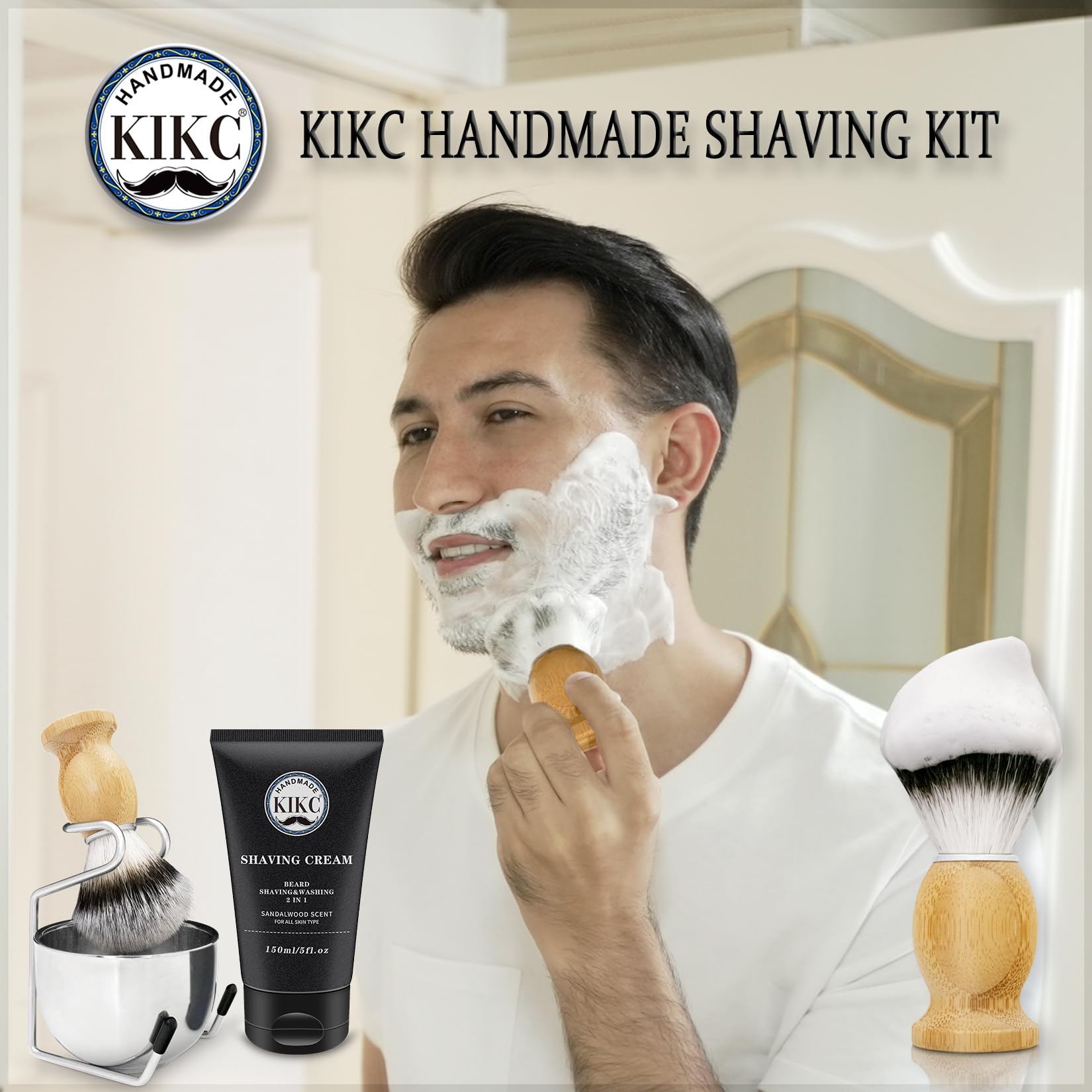 KIKC 5 in 1 Odorless Shaving Kit, Set Include Hand Crafted Synthetic Hair Bristle Shave Brush, Stainless Steel Lathering Bowl, Shave Brush Stand, Shaving Cream, Shave Manual, Best Gift for BeardedMan