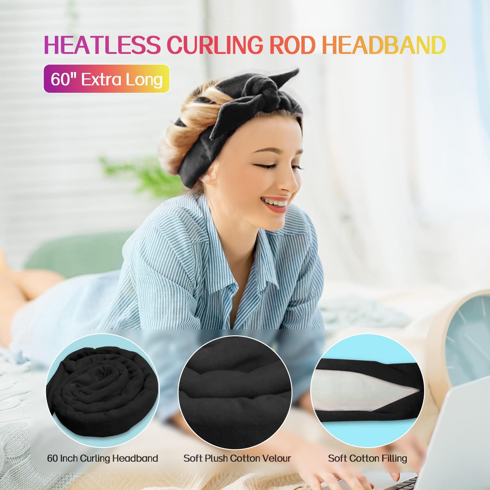 Heatless Extra Long 61" Velour Curling Ribbon Kit for Women - No Heat Cotton Overnight Curls Headband Soft Curling Rod You Can Sleep In (Black)