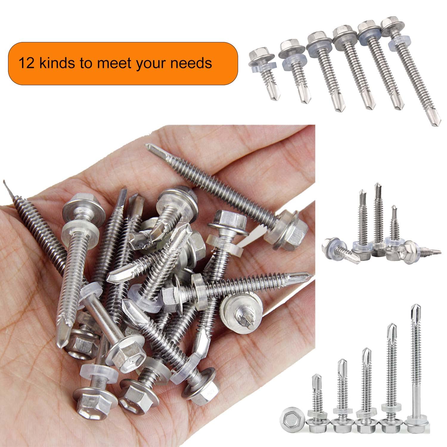 Self Tapping Screws with Rubber Washer,420 PCS Self Drilling Screws for Metal 410 Stainless Steel Sheet Metal Screws #8#10#12-1/2" to 2" Available, Wafer Head TEK Head Screws for Building and Repair