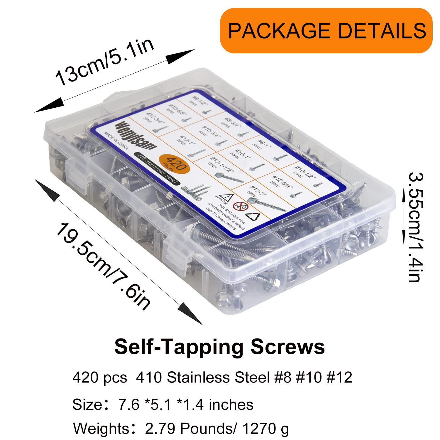 Self Tapping Screws with Rubber Washer,420 PCS Self Drilling Screws for Metal 410 Stainless Steel Sheet Metal Screws #8#10#12-1/2" to 2" Available, Wafer Head TEK Head Screws for Building and Repair