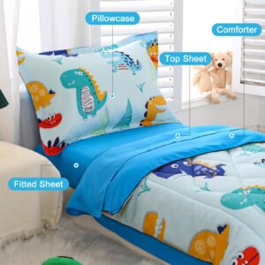 Wowelife 4 Pieces Toddler Bedding Sets for Boys Blue Toddler Bed Sheets Sets Kids Dino Toddler Comforter Set Soft Breathable with Quilted Comforter, Flat Sheet, Fitted Sheet and Pillowcase, Dinosaur