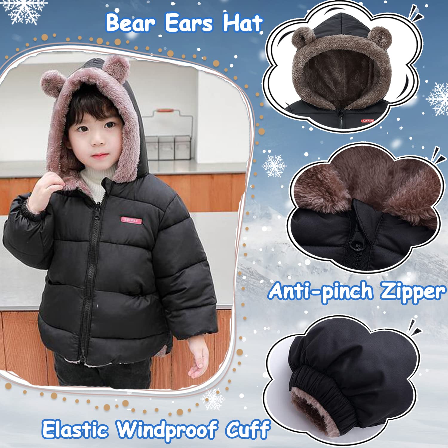 Baby Boys Girls Winter Coat Cute Bear Ear Hooded Jacket Warm Fleece Outerwear Windproof Zipper Infant Toddler Black 12-18M