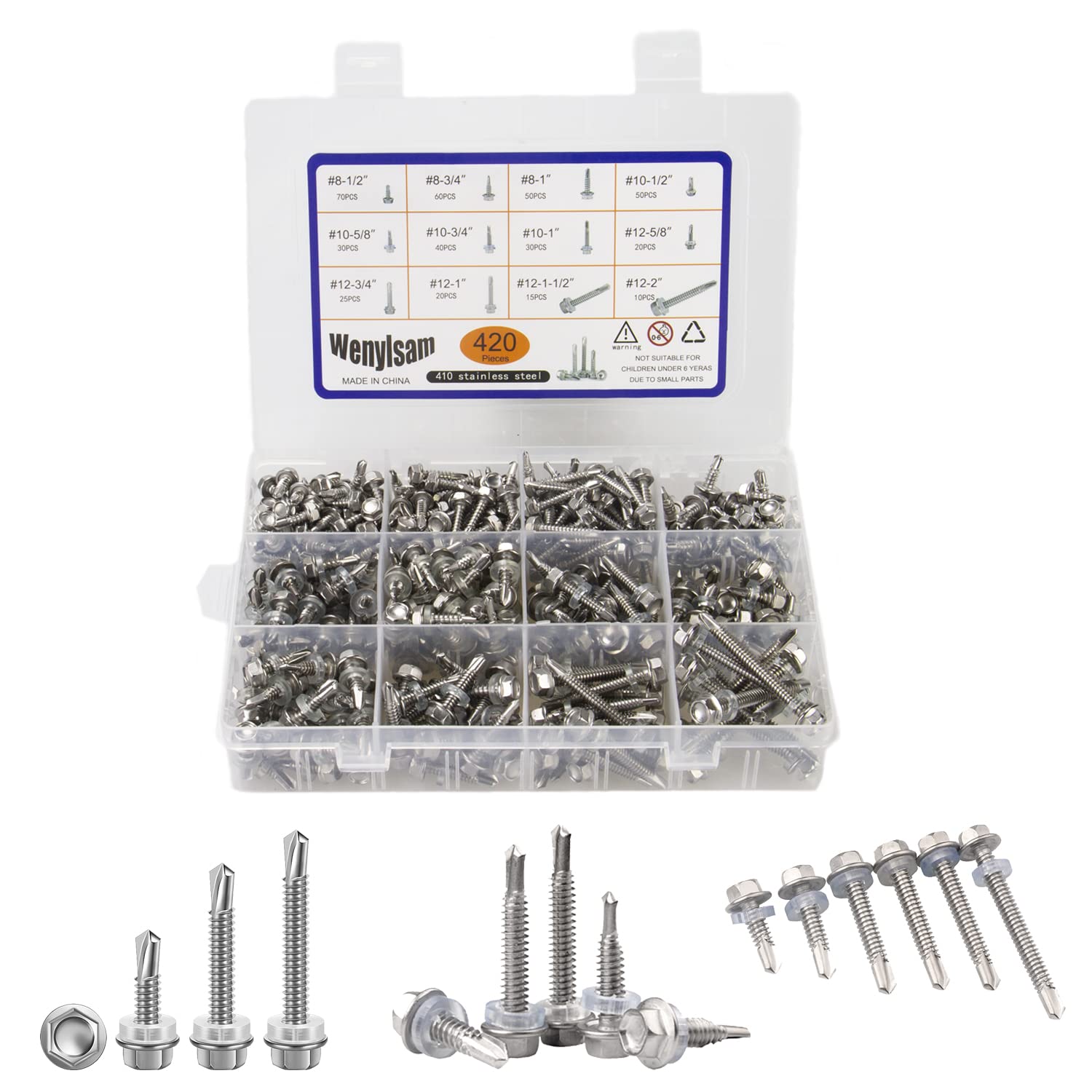 Self Tapping Screws with Rubber Washer,420 PCS Self Drilling Screws for Metal 410 Stainless Steel Sheet Metal Screws #8#10#12-1/2" to 2" Available, Wafer Head TEK Head Screws for Building and Repair