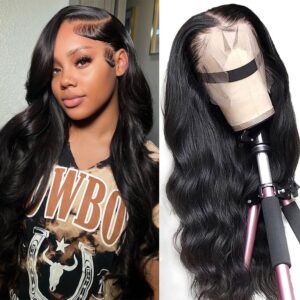 body wave lace front wigs human hair pre plucked 13x4 hd transparent lace frontal wig with baby hair 180% density brazilian virgin human hair lace front wigs for women natural black 22inch