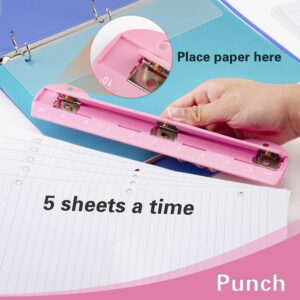 WORKLION 3 Ring Hole Puncher for Binders,Pink,with 10" Ruler, Plus Paper-chip Tray Design,Paper line up Guide,5 Sheets Capacity…