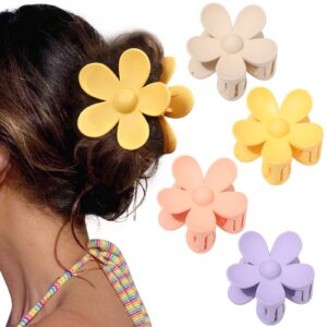 awaytr flower hair clip - 4pcs matte small flower hair claw clips, nonslip strong hold hair clips for women and girls (yellow, purple, pink, khaki)