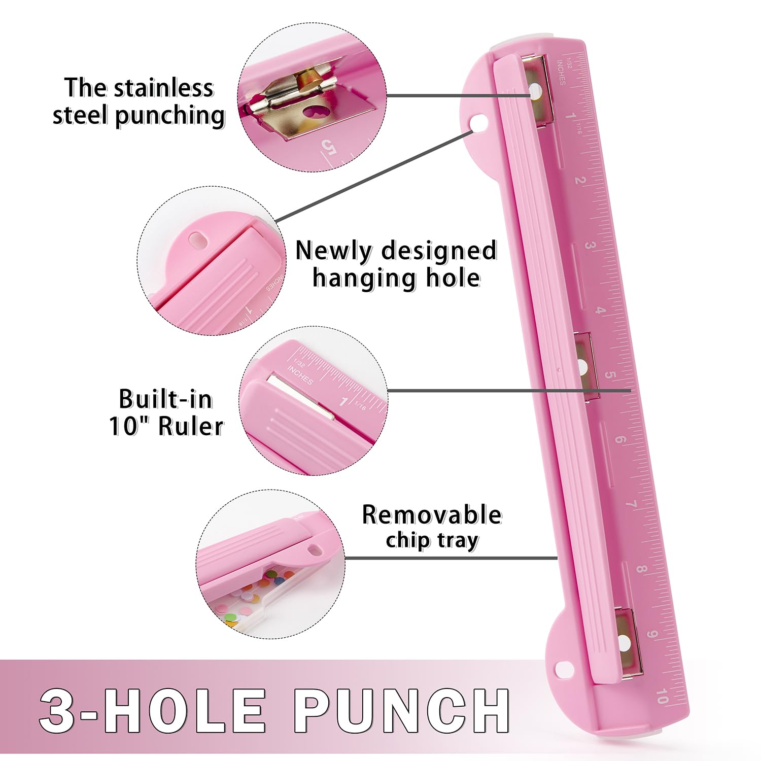 WORKLION 3 Ring Hole Puncher for Binders,Pink,with 10" Ruler, Plus Paper-chip Tray Design,Paper line up Guide,5 Sheets Capacity…