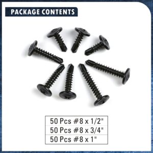 410 Stainless Steel #8 Self Drilling TEK Screw Assortment Kit, Hex Washer Head & Modified Truss Head, Self Tapping Sheet Metal Screws, Length 1/2" 3/4" 1" 150 PCS - Black Oxide