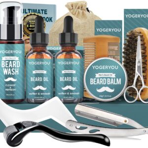 Beard Kit,Beard Grooming Kit W/Straight Razor,2 PACK Beard Oil,Beard Wash,Balm,Brush,Comb,Scissors Mens Birthday Christmas Gifts for Men Boyfriend Husband Beard Shaping Shaving Kit