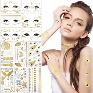 Coume 12 Sheets Gold Glitter Freckles Face Tattoo Henna Freckles Tattoos Sticker Set Mandala Flowers Fake Tattoo Stickers Waterproof Temporary Tattoos Stickers for Women Halloween Party Costume Makeup