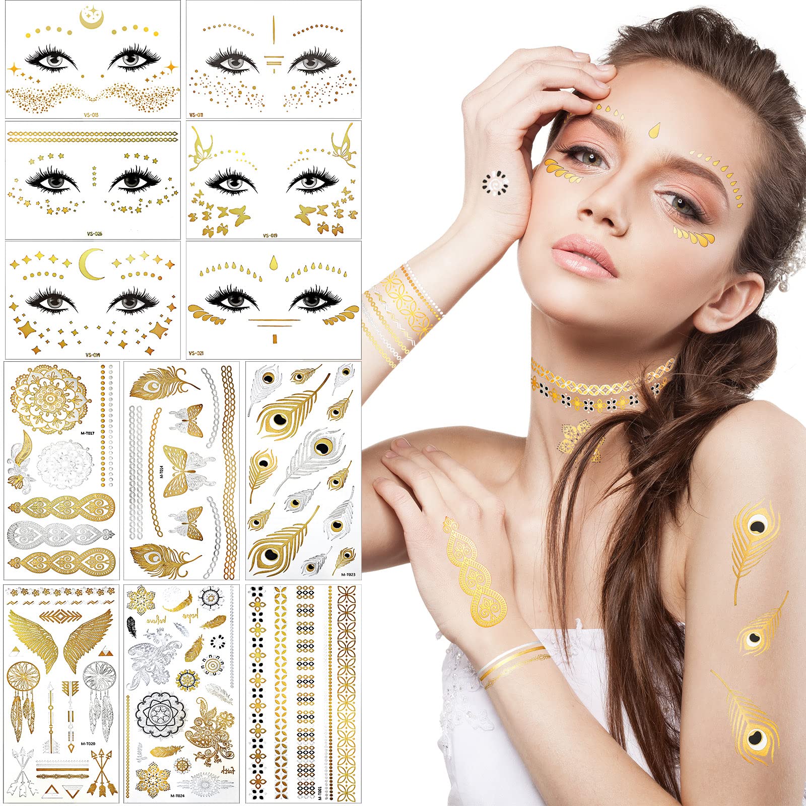 Coume 12 Sheets Gold Glitter Freckles Face Tattoo Henna Freckles Tattoos Sticker Set Mandala Flowers Fake Tattoo Stickers Waterproof Temporary Tattoos Stickers for Women Halloween Party Costume Makeup