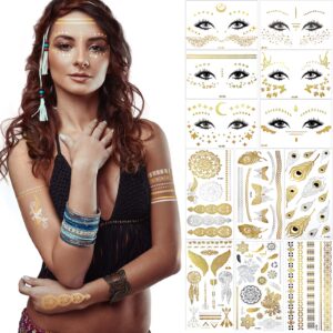 coume 12 sheets gold glitter freckles face tattoo henna freckles tattoos sticker set mandala flowers fake tattoo stickers waterproof temporary tattoos stickers for women halloween party costume makeup