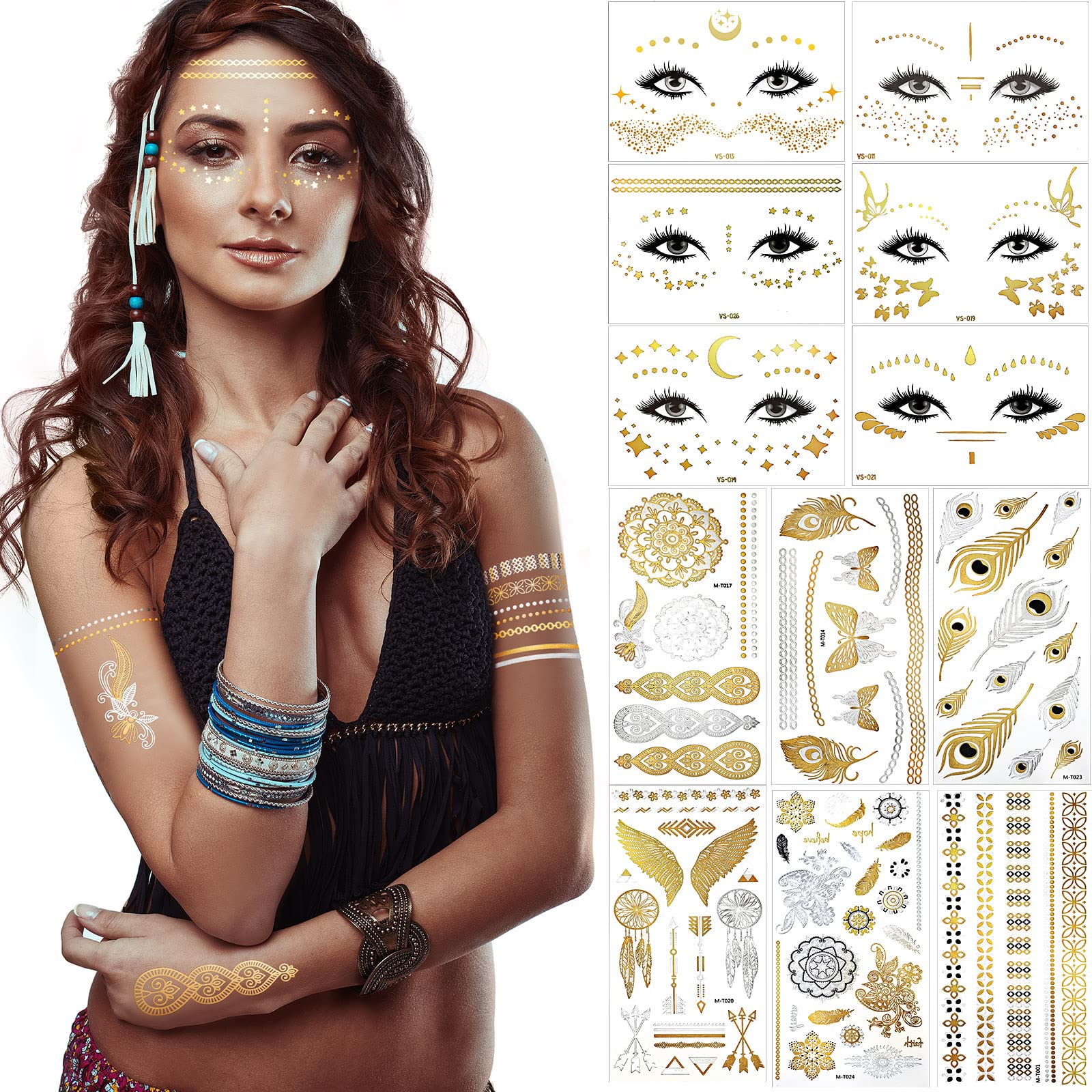 Coume 12 Sheets Gold Glitter Freckles Face Tattoo Henna Freckles Tattoos Sticker Set Mandala Flowers Fake Tattoo Stickers Waterproof Temporary Tattoos Stickers for Women Halloween Party Costume Makeup