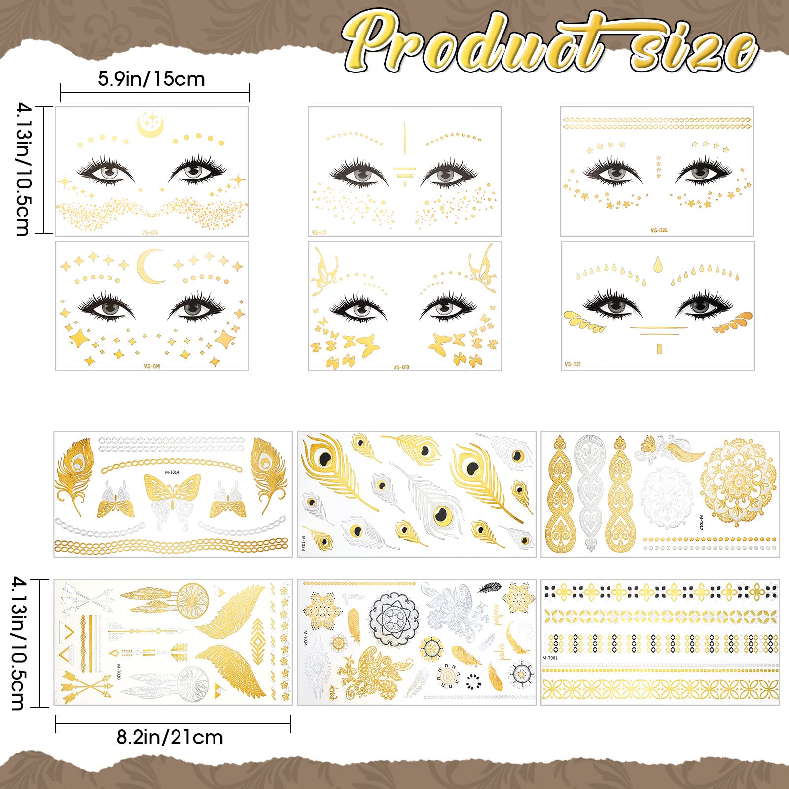 Coume 12 Sheets Gold Glitter Freckles Face Tattoo Henna Freckles Tattoos Sticker Set Mandala Flowers Fake Tattoo Stickers Waterproof Temporary Tattoos Stickers for Women Halloween Party Costume Makeup