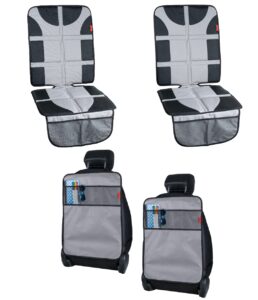 lusso gear two pack of car seat protector (gray) + two pack of heavy duty kick mats (gray), waterproof, protects fabric or leather seats, premium oxford fabric, travel essentials