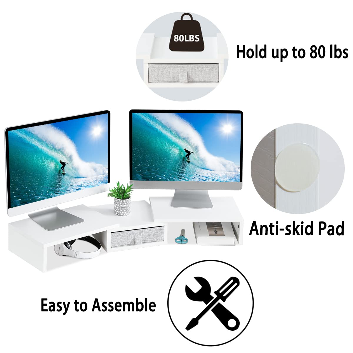 TEAMIX White Dual Monitor Stand Riser with Drawer - Length and Angle Adjustable Double Corner Desk Shelf Organizer 37 inch Long for 2 Laptop/PC/Screen/TV