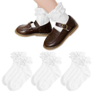 mini angel girls ruffle socks frilly lace socks cable knit princess dress socks for toddler girls 2-4 years, 3 pairs (white, s)