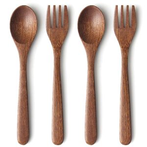 yfwood 4-pieces natural wooden kids utensils set, child forks and spoons, toddler safe flatware hand polishing anti-slip portable and ultra light