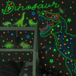 buiory 925pcs glow in the dark dinosaur wall decals removable diy glowing blue green yellow stars and dots wall stickers pvc peel and stick fluorescent luminous wall decor for kids bedroom baby boys