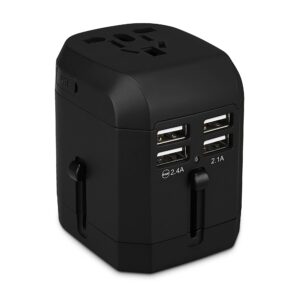 worldwide 4 usb travel adapter ac plug adaptor universal travel adapter charging ports wall charger ac power with safety fused all in one adapter for usa eu uk aus cell phone laptop (black-4usb)