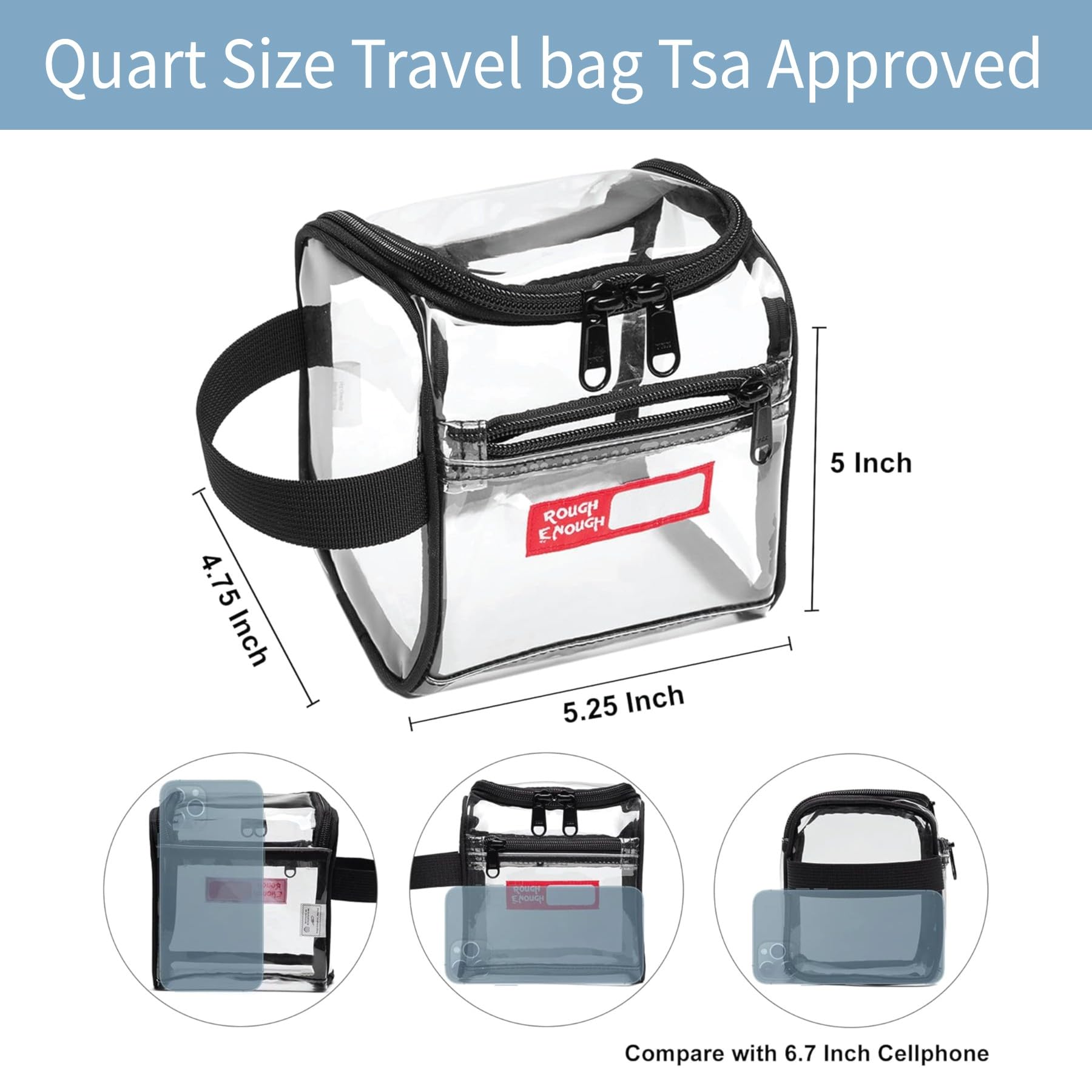 Rough Enough Clear Quart Size Travel Bag TSA Approved Toiletry Bag Small Mini Makeup Hygiene Bag with Zipper Compartment Cosmetic Toiletries Case Pouch Carry on for Women